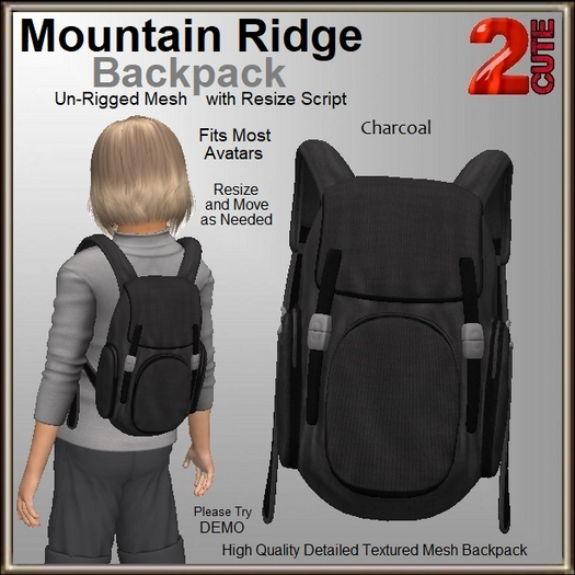 Second Life Marketplace - Mountain Ridge Backpack [2cute] Charcoal